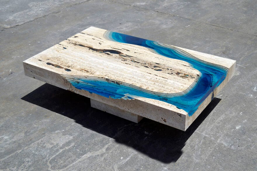 Lagoon Tables Built By Merging Resin With Cut Travertine Marble | FREEYORK