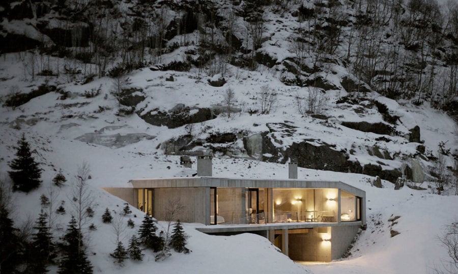 Glass Walled House Placed In The Rocky Landscape Of Norway Freeyork