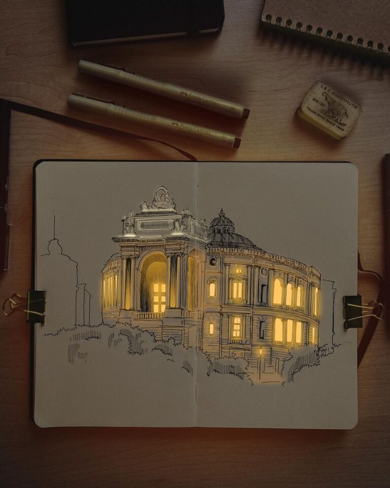 An Artist Makes Glowing Drawings Of Architectural Structures Using Pen ...